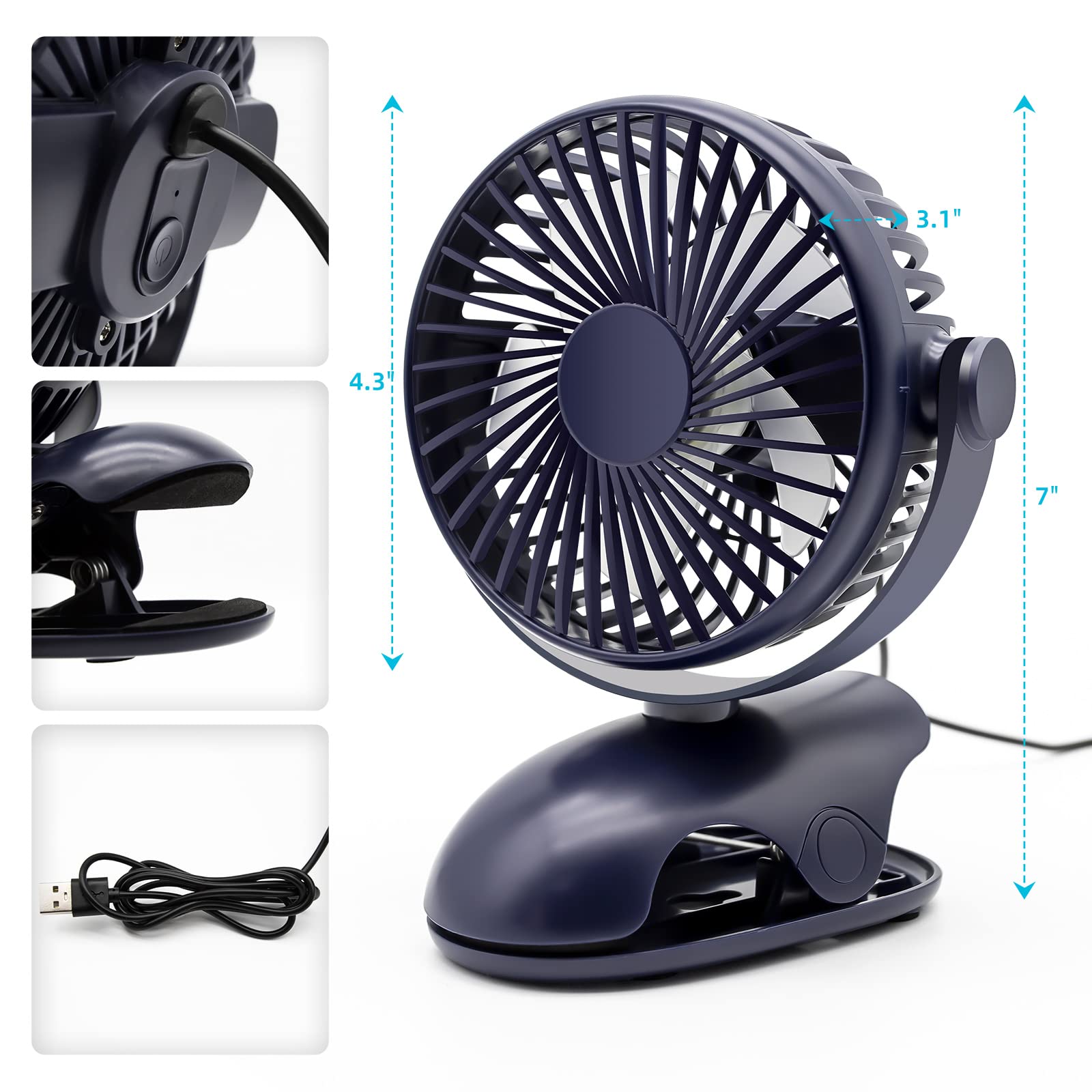 ELOUYCKE Clip on Fan, 6.7 Inch USB Small Table Fan, Portable Desk Fan with Strong Airflow, 4 Speed Adjustable, 720 Degree Rotation for Home Office Bedroom Table and Desktop (Blue)