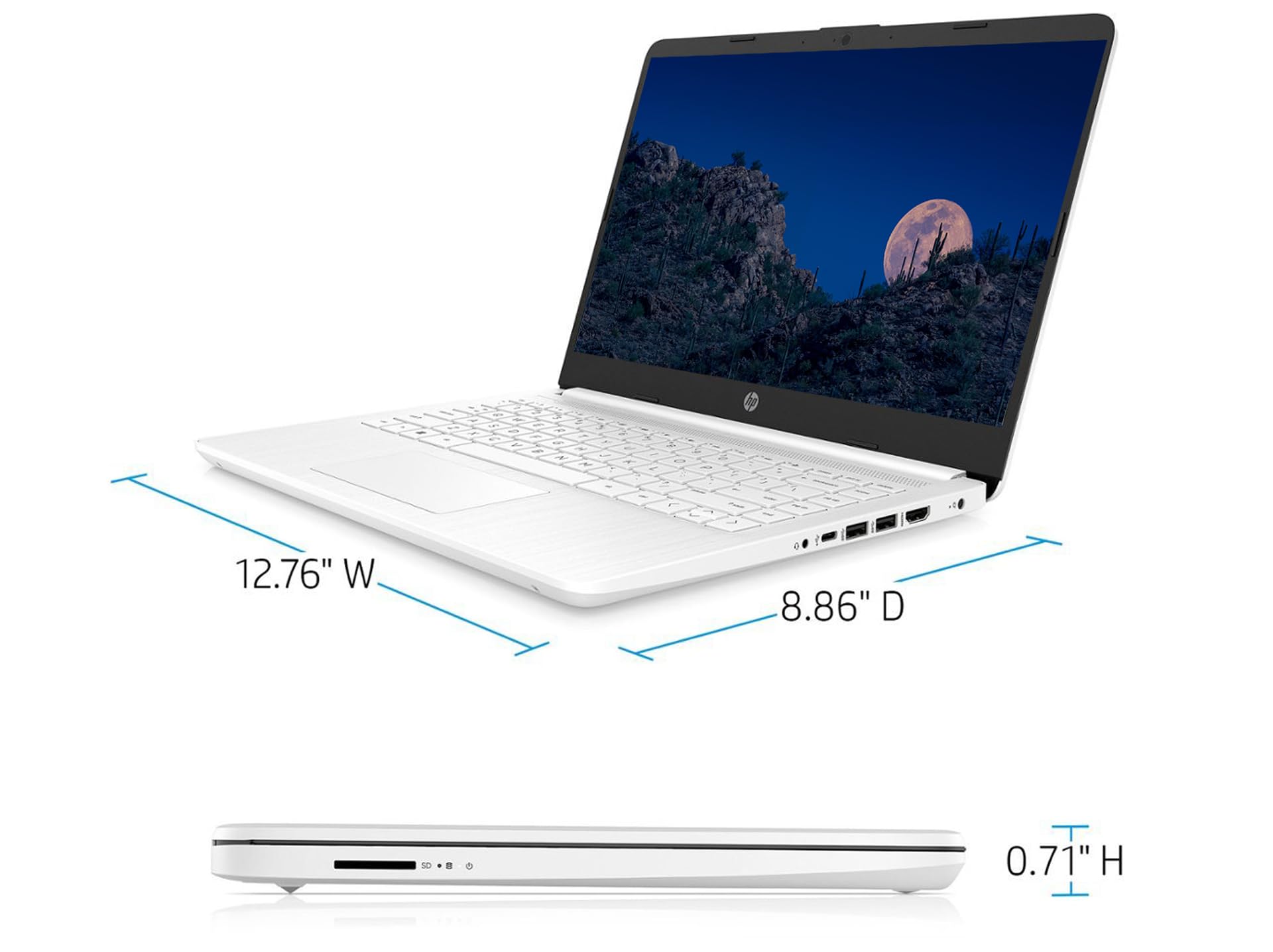 HP 14 HD Laptop, 2023 Newest Upgrade, Intel Intel Celeron N4120(4-core), 16GB RAM, 576GB(64GB SSD+512GB Card), Webcam, Bluetooth, USB-C, White, Windows 11, School and Business Ready, ROKC HDMI Cable