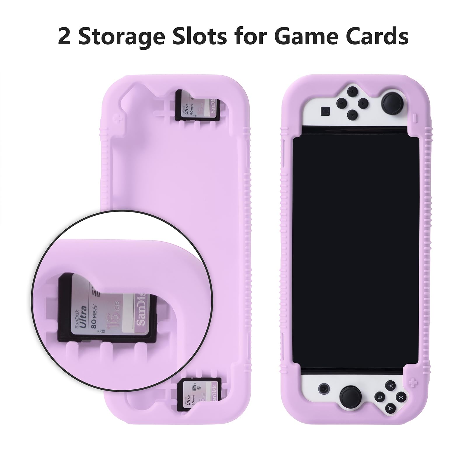 Teyomi Silicone Case for Nintendo Switch OLED with 2 Game Cards Slots, [Kids Friendly] Shockproof Protective Cover with Tempered Glass Screen Protector, Ergonomic Grip Case for Switch OLED, Purple
