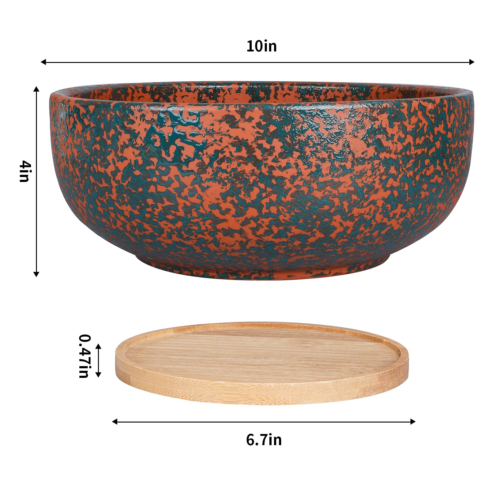 Fivepot 10 Inch Large Terracotta Planter Succulent Plant Bowl Deep Flower Pot Indoor and Outdoor Decor Drainage Bamboo Tray