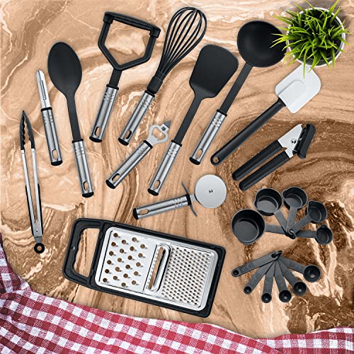Cooking Utensil Set Stainless Steel 23 Piece Kitchen Gadget Tools Heat Resistant (Black)