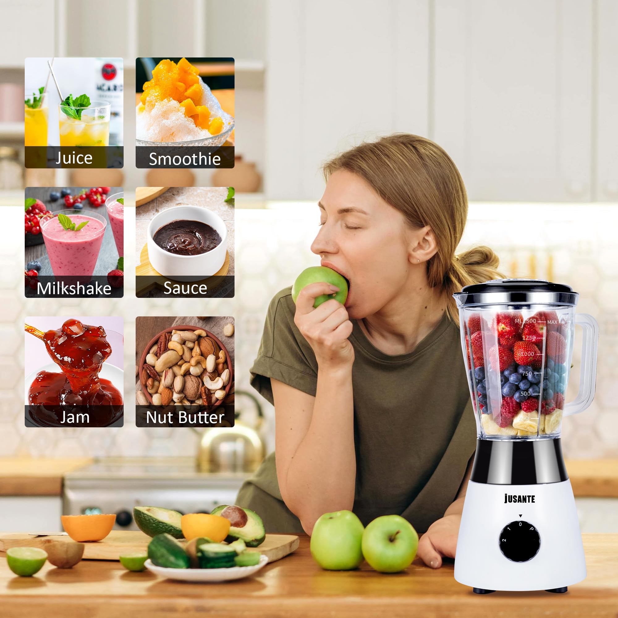 JUSANTE Kitchen Blender, 500W Countertop Blender with 52oz Plastic Jar for Smoothies Milkshake Desserts Nut Butter, Cocktails Sauces (White)