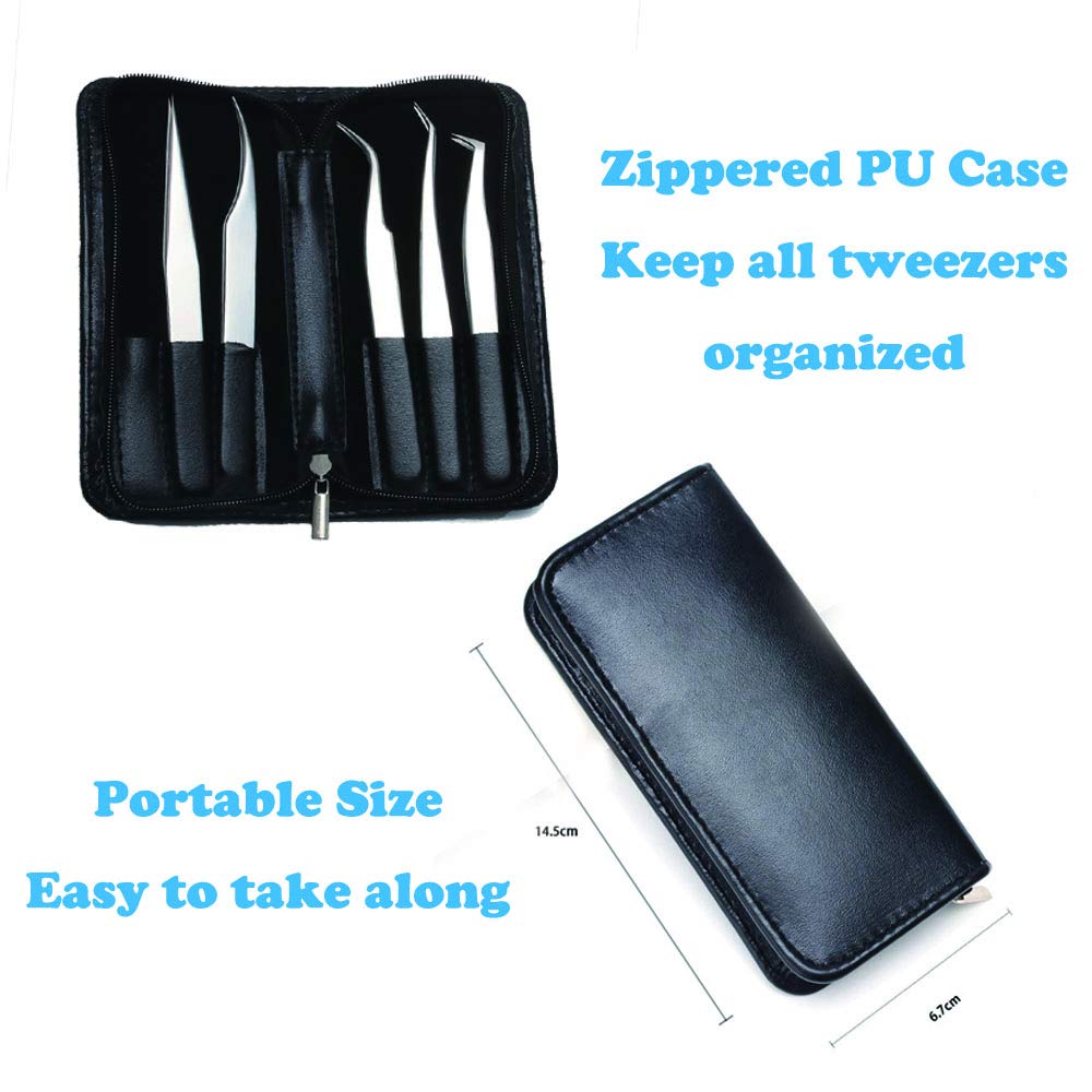 DAODER 5pcs Lash Eyelash Extension Tweezers Straight & Curved Bent Point Tip Precision Tweezers Set Tool for Lash Extension Application and Crafts with PU Storage Case