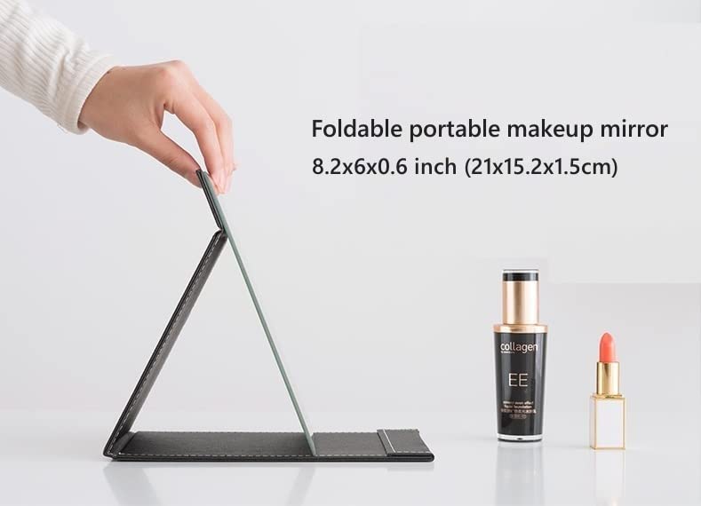 NAYSAYE Folding Travel Makeup Mirror, PU Portable Compact Vanity Desk Mirror with Stand, Large (8.5L x 6W)