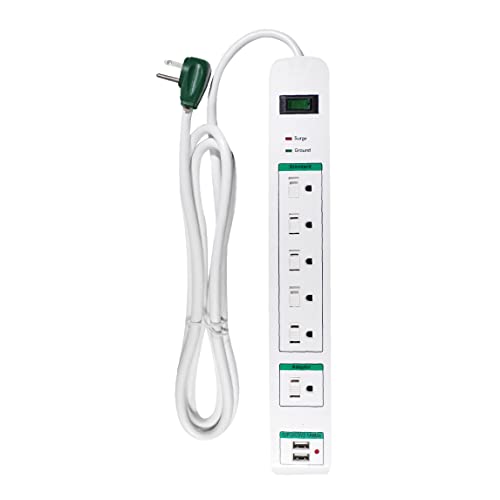 GoGreen Power GG-16326USB 6 Outlet Surge Protector with 2 USB Ports, White, 6 ft Cord