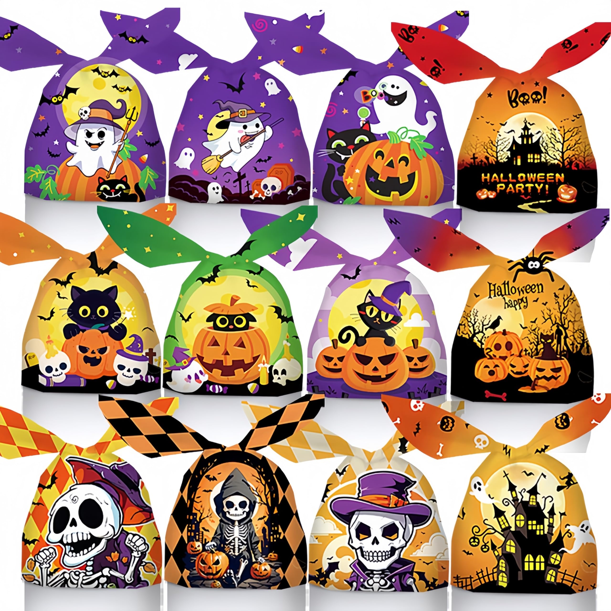 FTWONLIVE Halloween Treat Bags (12 Patterns With, 200 Pieces), Halloween Candy Bags for Trick or Treating, Halloween Candy Bag Party Supplies: Halloween Candy Bag