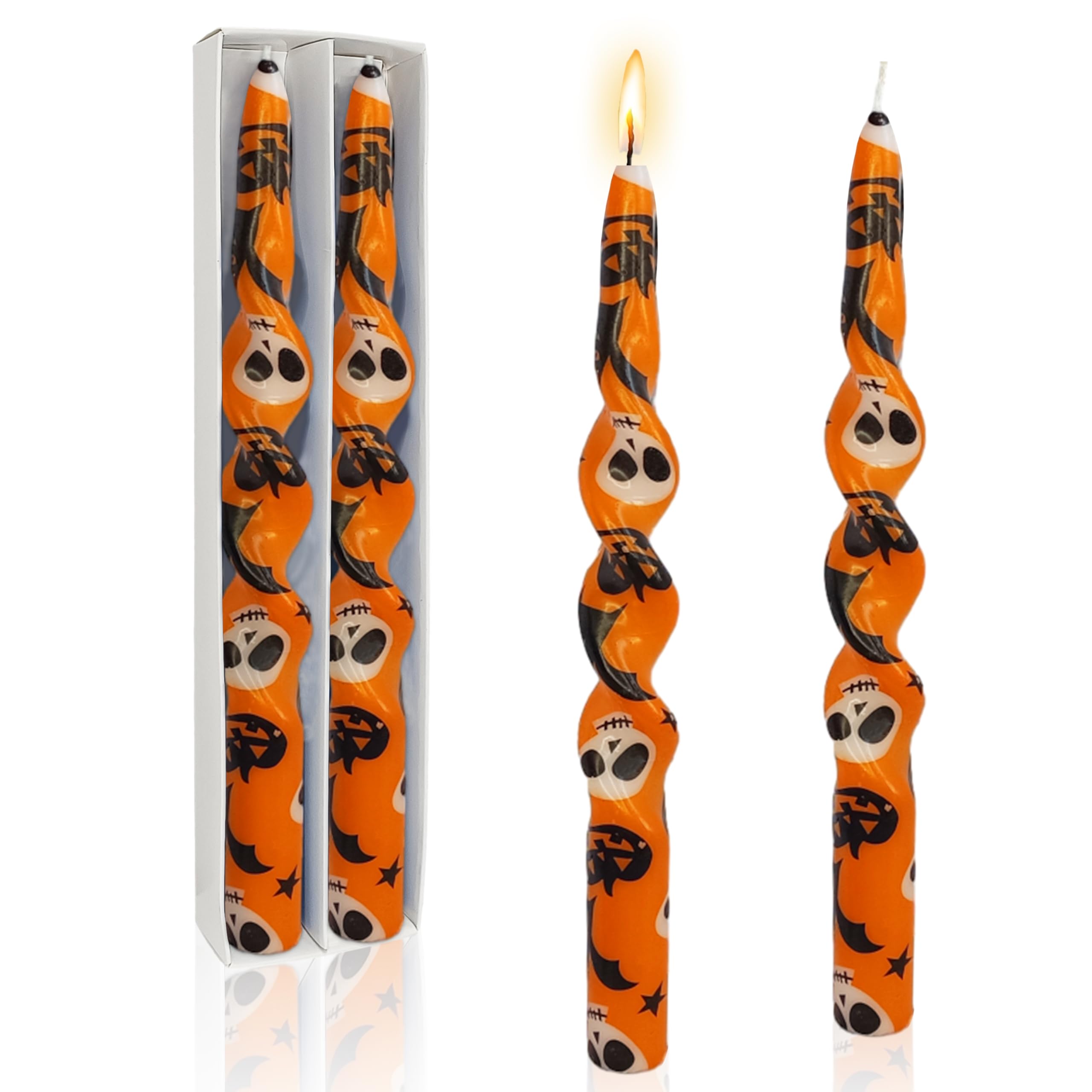 FCMSHAMD Handmade Spiral Taper Candles Halloween Pumpkin Ghost Print Candlesticks, Orange Candles Colored Wax Twisted Candle, 10" Candle Sticks Gift for Halloween Day Decoration, Set of 2