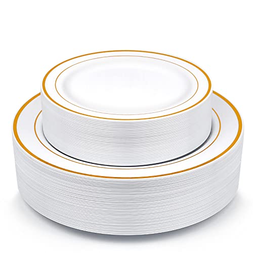 Gold Plastic Plates, MCIRCO 100 Pieces Disposable Party Plates for Weddings, Premium Gold Rim Plates, Include 50 10.25 Inch Dinner Plates and 50 7.5 Inch Dessert Appetizer Plates