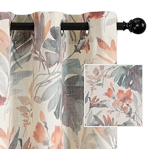 MYSKY HOME Floral Curtains 63 inches Long Printed Grommet Linen Style Curtains for Living Room Light Filtering Curtains Cotton Curtains Burlap Effect Drape Window Treatments 2 Panel Coral and Natural