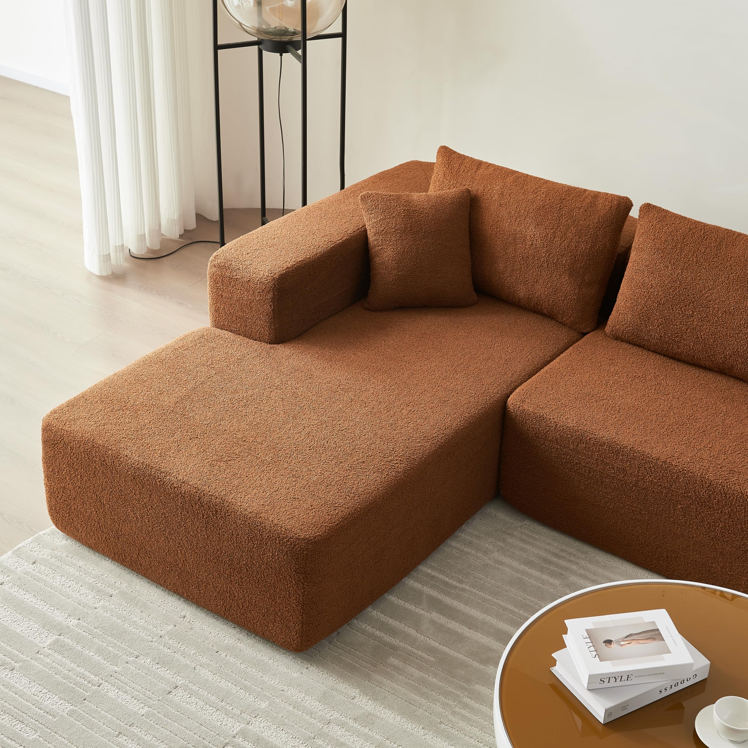 JUSTONE 104.33" Sponge Sectional Sofa Couch for Living Room, L Shaped Lamb Modular High Density Sponge Floor Sofa Couch with Chaise Lounge,Cloud Couch, Orange