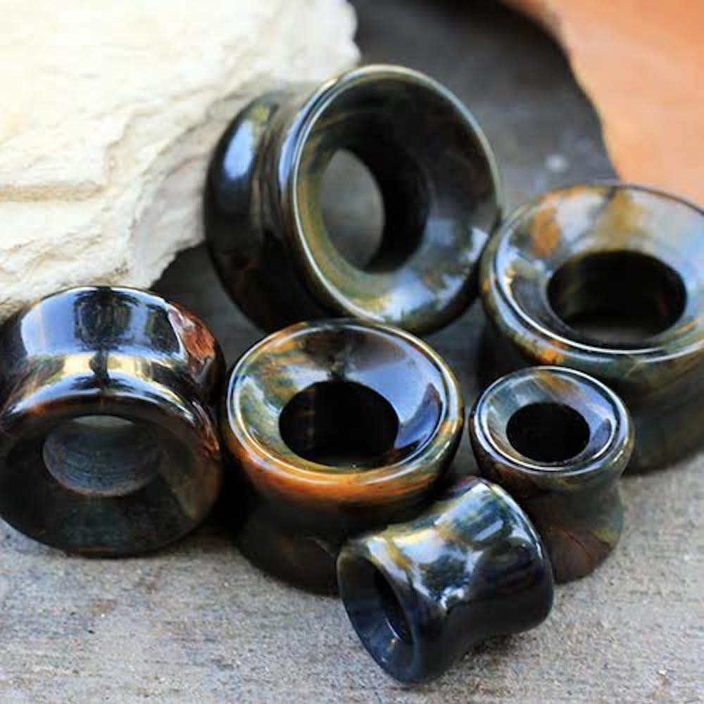 Covet Jewelry Natural Blue Tiger Eye Stone Double Flare Tunnel Plug (00GA)