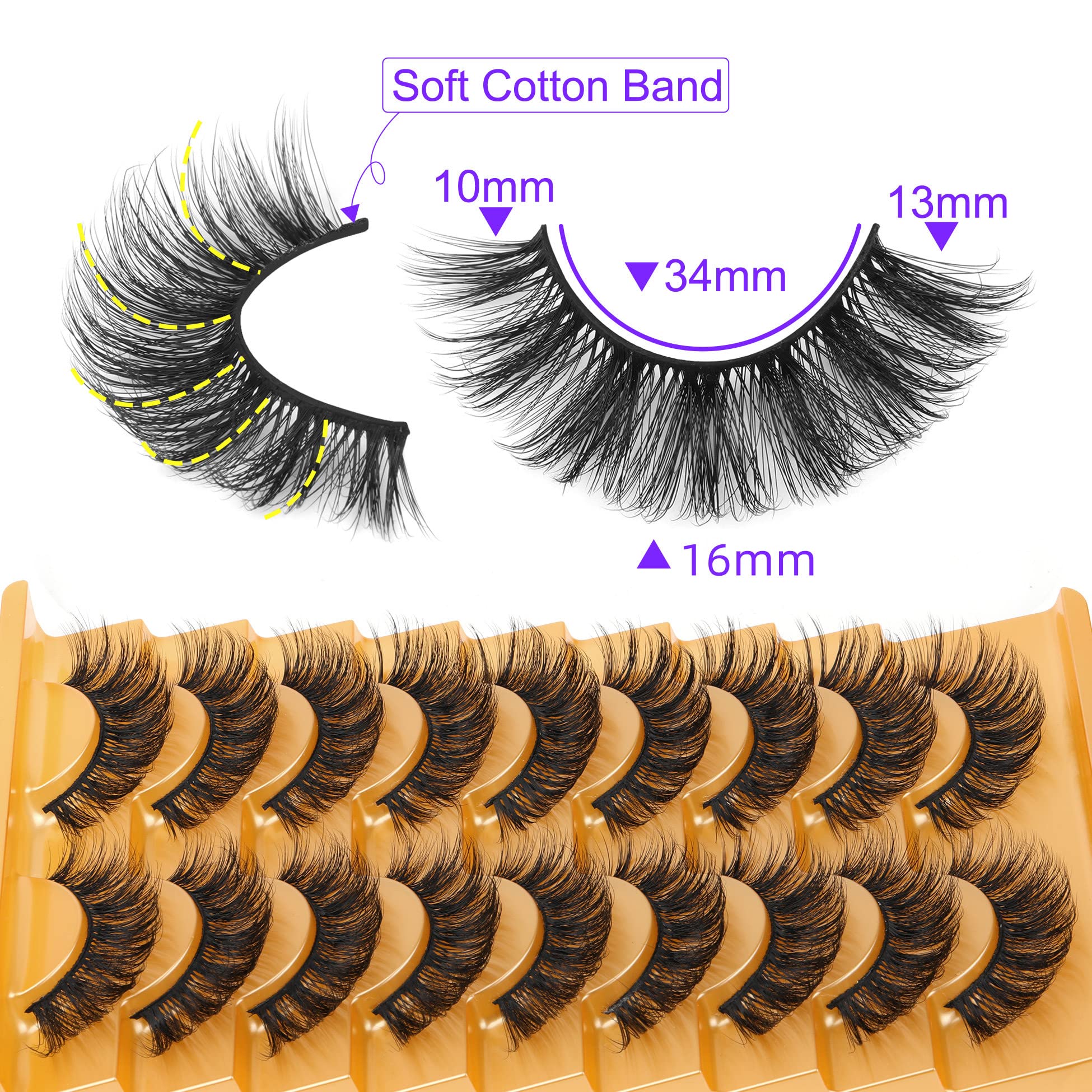 Eyelashes Natural Looking 16MM Wispy False Lashes D curl Cat Eye Fluffy Volume Faux Mink Lashes Pack 9 Pairs by Mavphnee