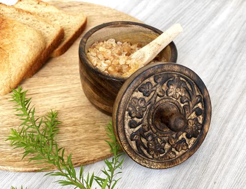 Rustic Salt Box Cellar with Hand Carved Lid & Spoon, Wooden Salt Pinch Bowls | Wood Salt Keeper, Spice Bowls for Cooking | Salt Pepper Tea Sugar Coffee Storage Holder for Kitchen, Mothers Day Gift