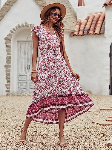 PRETTYGARDEN Summer Dresses for Women 2023 - V Neck Floral High Low Flowy Maxi Dress White