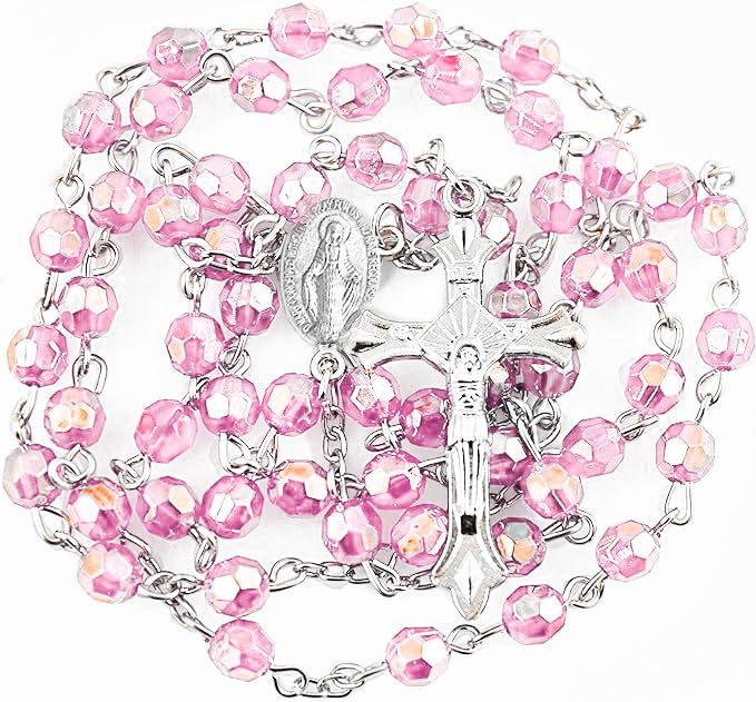 Catholic 6mm beads Woman or Girl Pink Pearl Rosary with White Vinyl Rosary Case with gold accent (Light Pink)