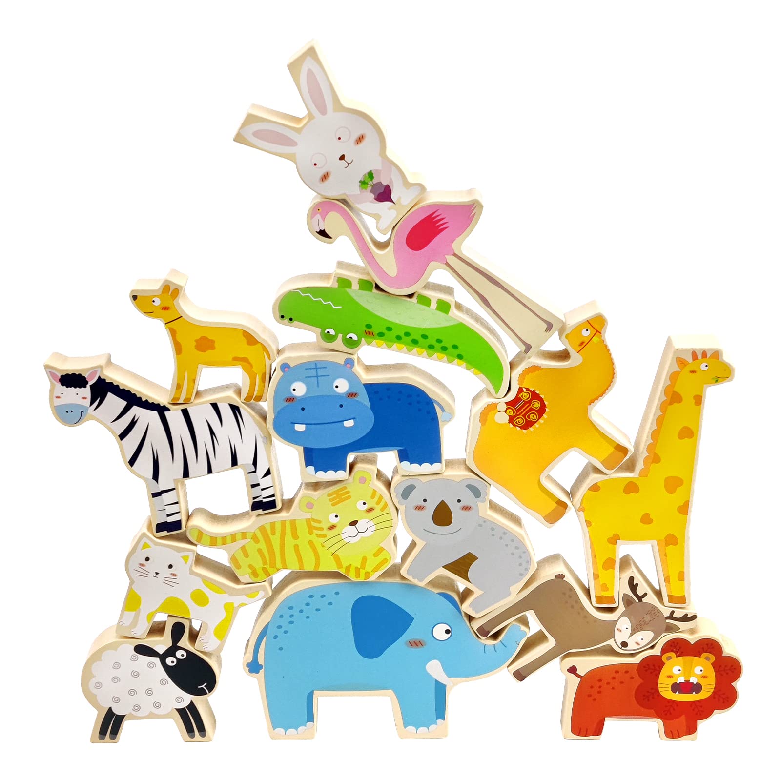 Wooden Animal Blocks Stacking and Balancing Toy, Toddler Big Wood Animal Figures Blocks, Preschool Educational Toys and Stack Balance Games for Kids