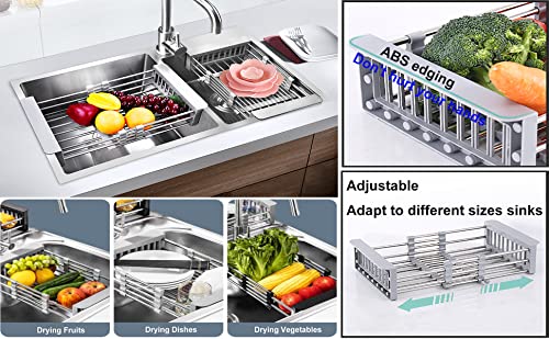 GULICA Dish Drying Rack Black, Adjustable Stainless Steel Drainer Basket Drain Tray for Dish Vegetable Fruit, 18.2" x 8.9", On or in Sink Kitchen Basket Dish Drying Rack