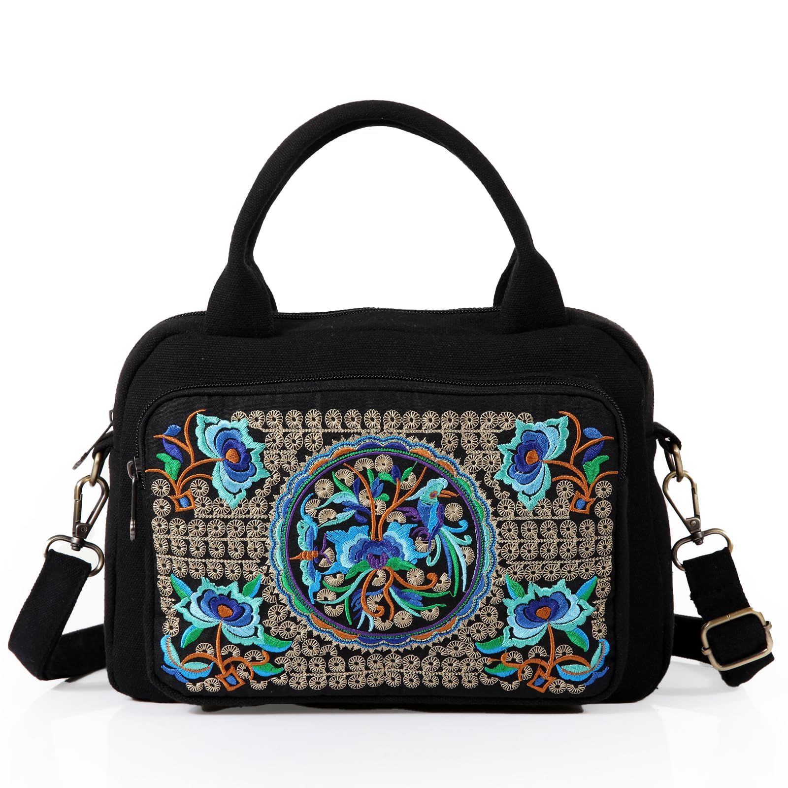 Embroidered Canvas Top Handle Handbag, 3 Layers Crossbody Bag