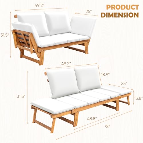 Greesum Patio Convertible Couch Sofa Bed with Adjustable Armrest, Acacia Wood Outdoor Daybed with Cushion & Pillow, Folding Chaise Lounge Bench for Porch Courtyard Poolside,White