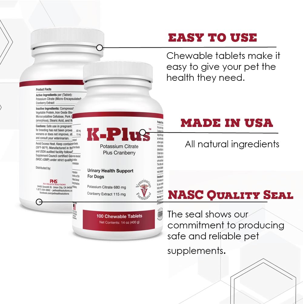 K-Plus Potassium Citrate Plus Cranberry Supplement for Dogs - UTI Remedy Chewable Tablets - Supports Bladder Health - for Every Dog Breed, 200 Chewable Tablets