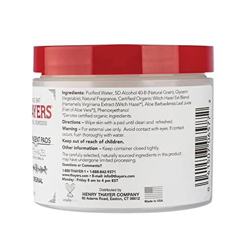 THAYERS Original Witch Hazel Astringent Pads with Aloe Vera Formula, 60 Count