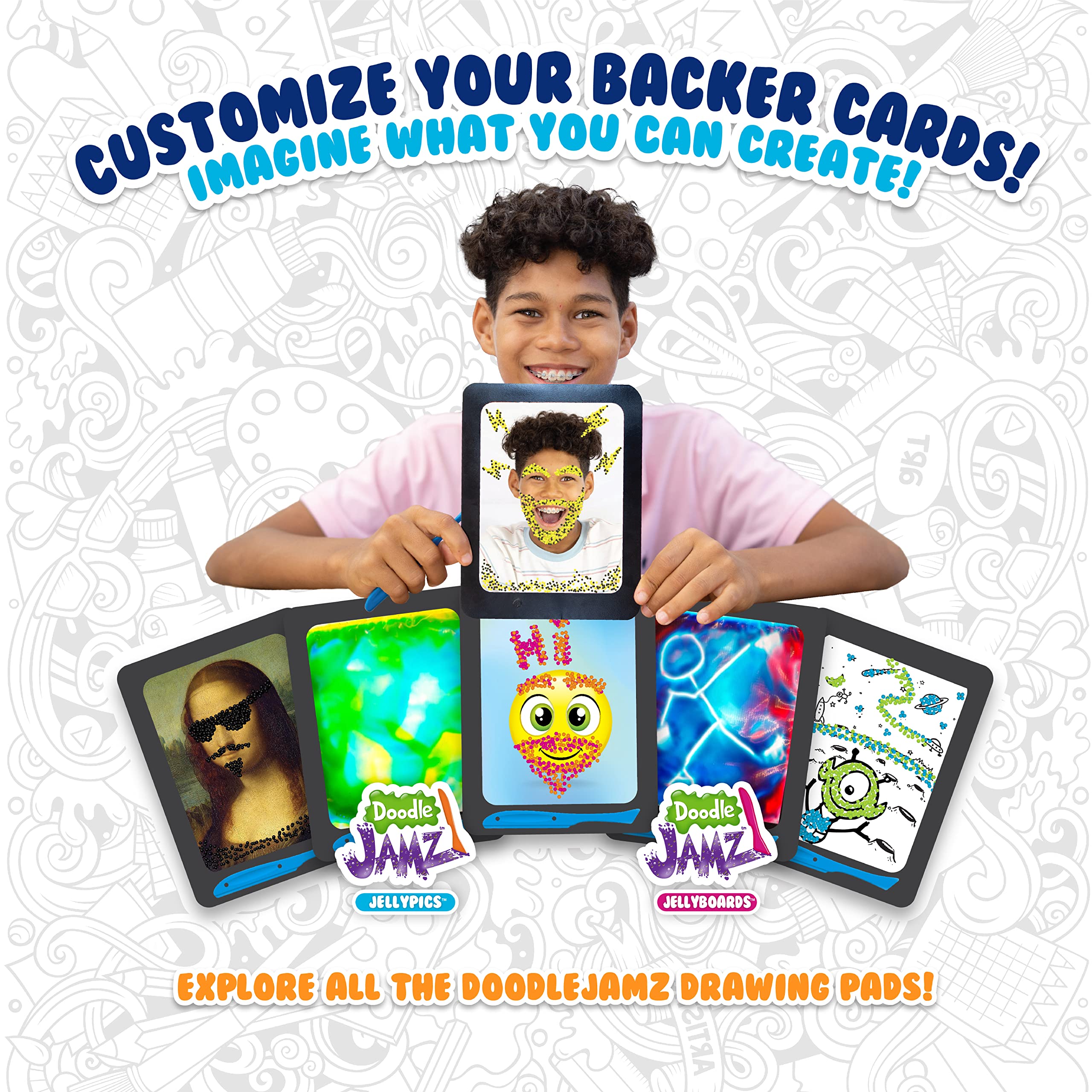 DoodleJamz JellyPics - Sensory Drawing Pads Filled with Non-Toxic Squishy Beads and Gel β Includes Stylus, Removable 2-Sided Emoji Backer Card (Green, Red, Black Beads)
