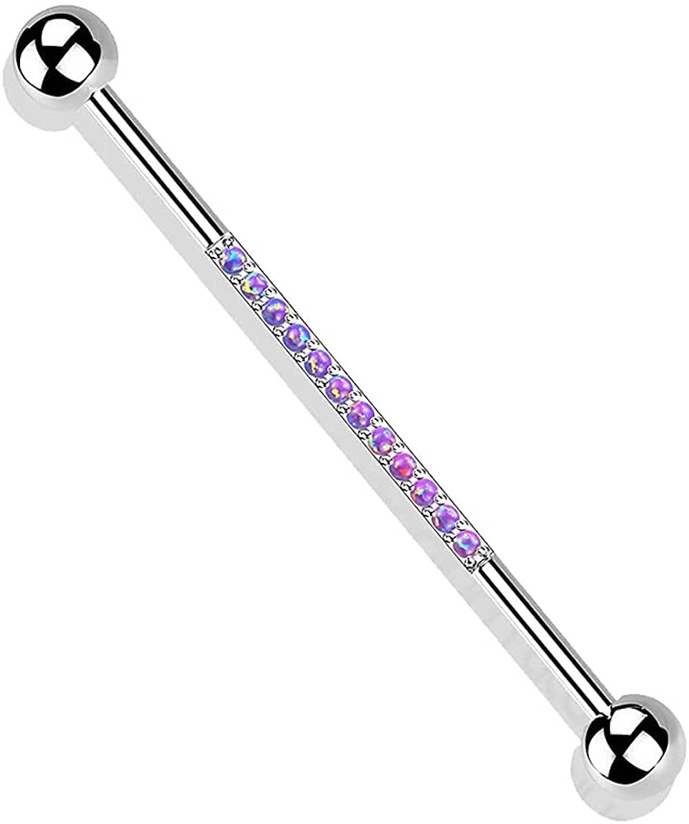 Covet Jewelry Titanium Industrial Barbell with CNC Lined Opal on Bar (Steel/Opal Purple)