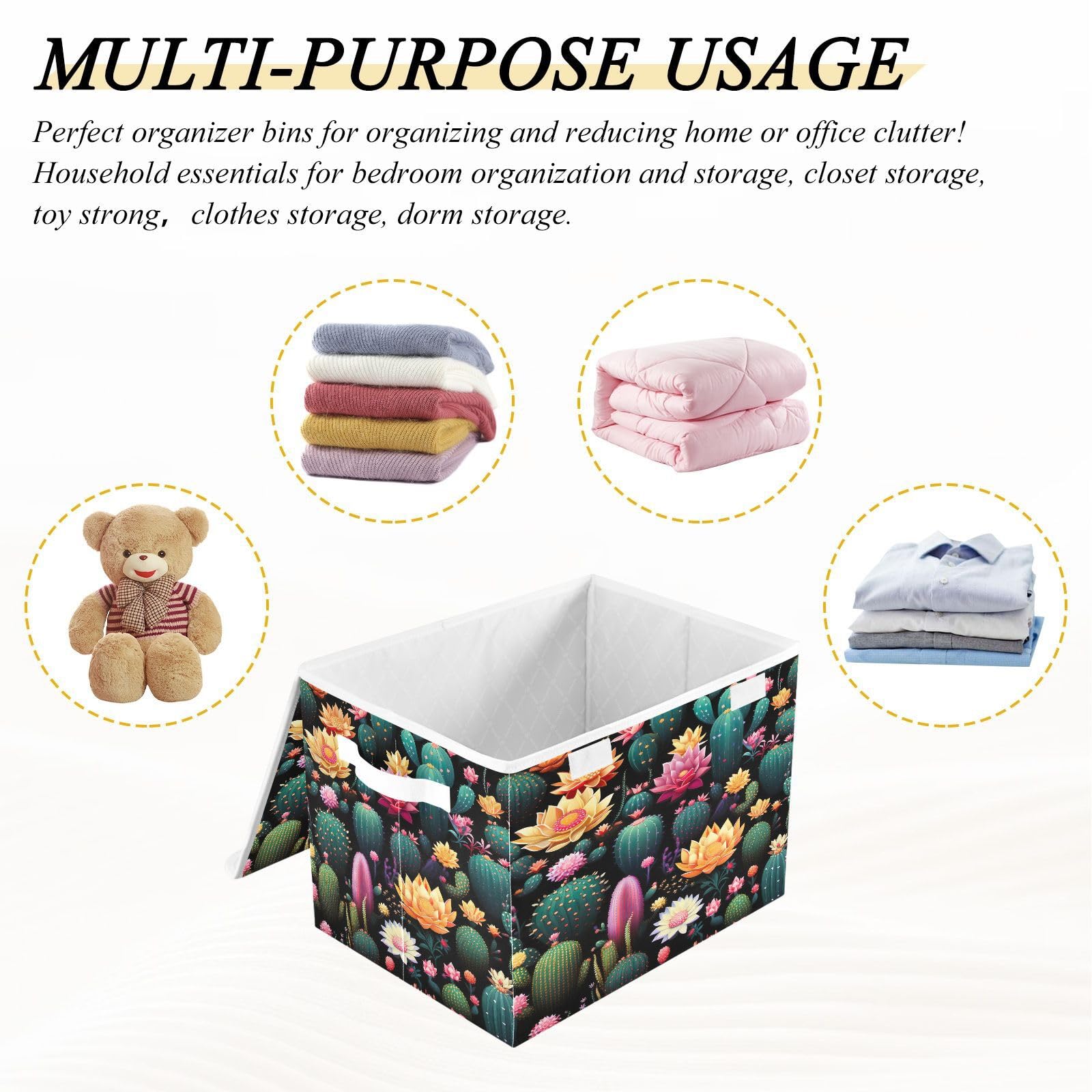 FUGIDOG Storage Boxes with Lids and Handles Watercolour Cactus Foldable Fabric Storage Bins Closet Organizer Large Toy Clothes Containers for Home, Bedroom, Shelves, Office