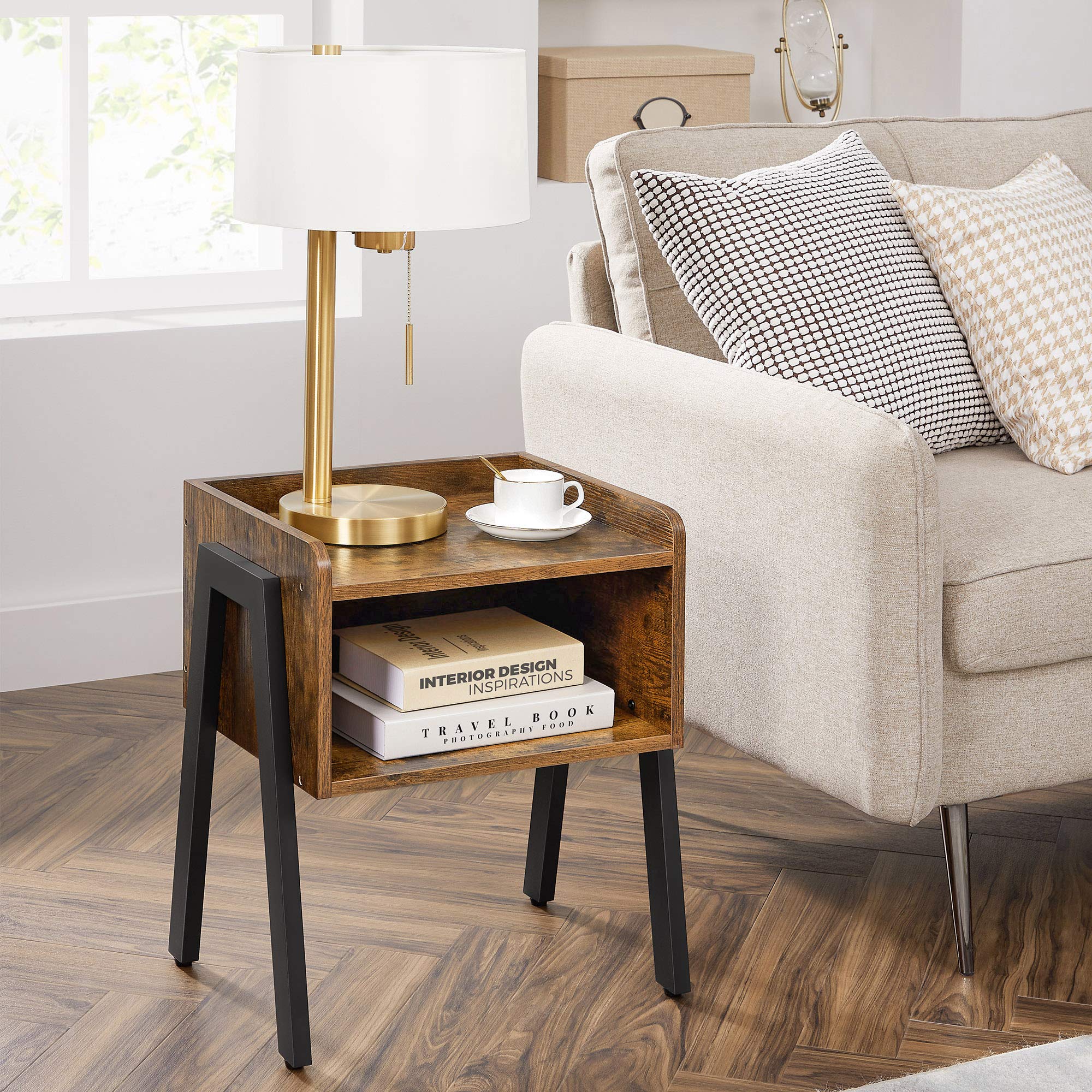 VASAGLE Side Table, End Table, Nightstand with Storage Compartment, Industrial Accent Furniture for Bedroom, Rustic Brown and Black ULET54X
