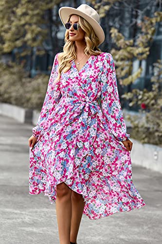 PRETTYGARDEN Women's Floral Print Boho Dress Long Sleeve Wrap V Neck Ruffle Belted A-Line Flowy Maxi Dresses (Floral Pink,Large)