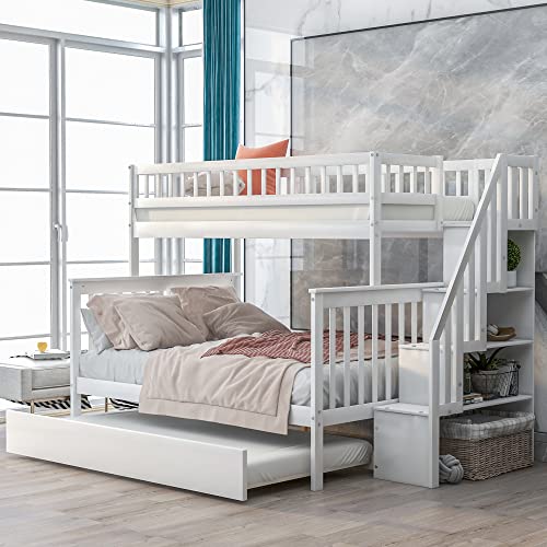 Merax Twin Over Full Bunk Bed with Trundle, Storage Staircase, and Guard Rail, No Box Spring Needed, White