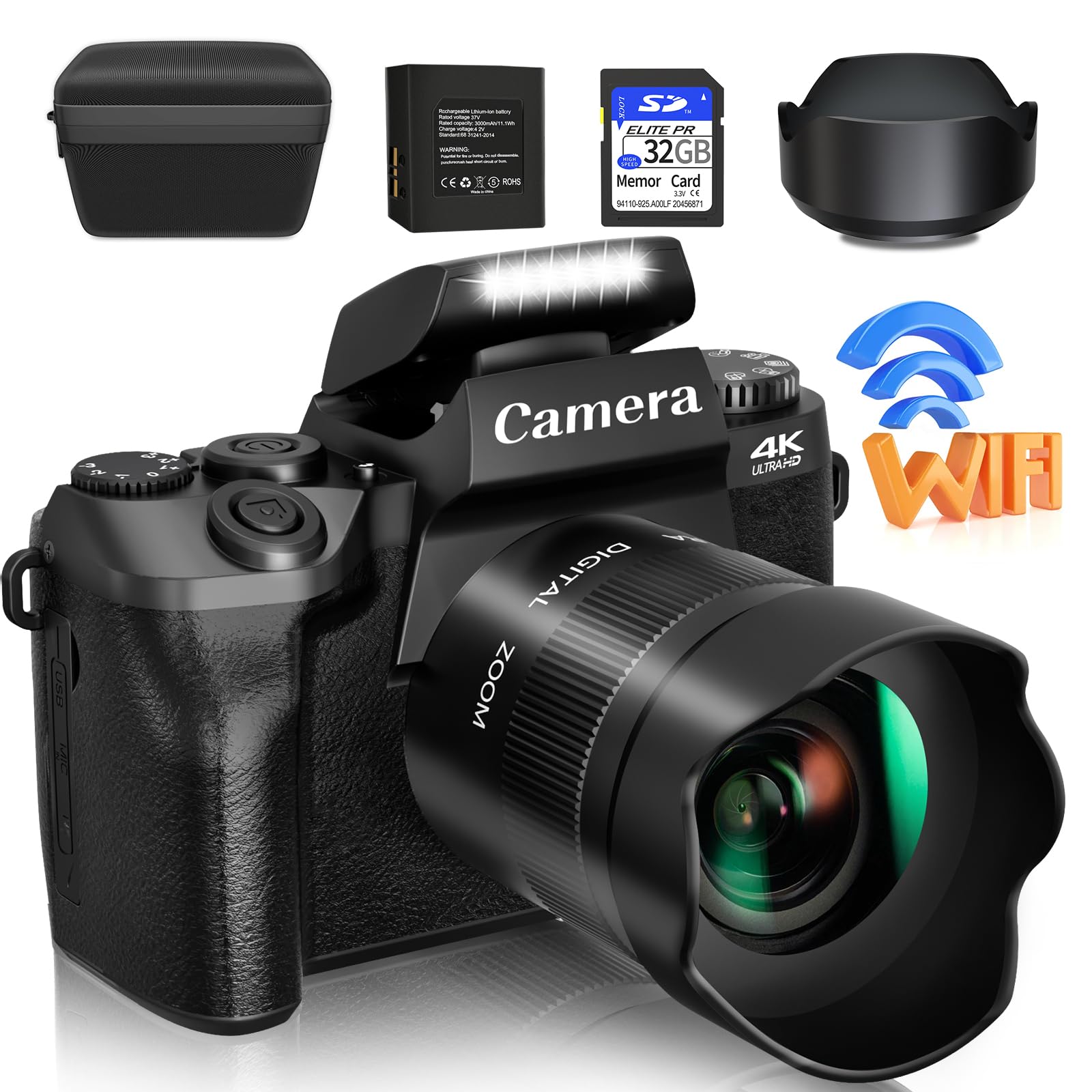 Digital Camera, 1080P Point-to-Point Camera for 32GB Card Shooting, 44MP Mini Compact Camera for Kids,with2 Batteries