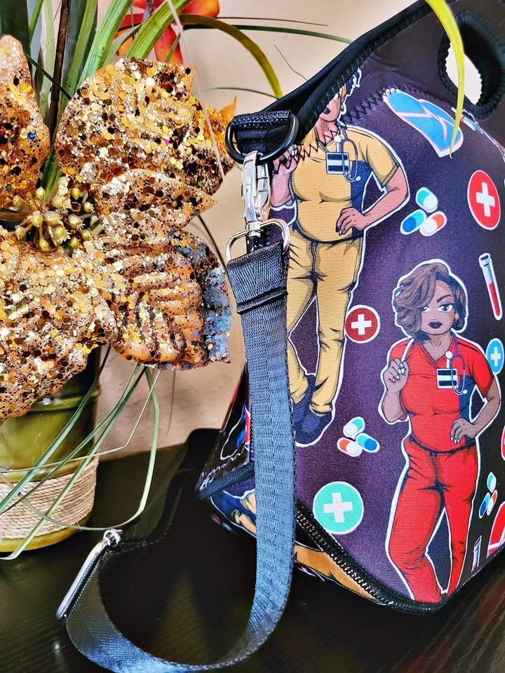 Reflections By Zana Large Black Afro African American Women Neoprene Lunch Tote with Adjustable Shoulder Strap