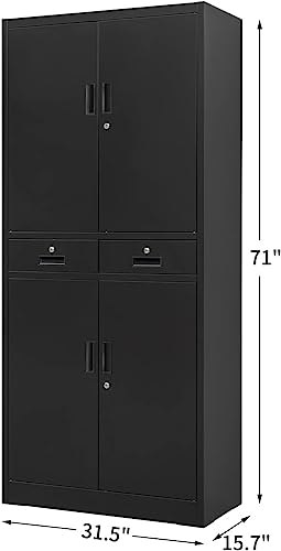 CJF Metal Storage Cabinet with Adjustable Shelves and Drawers, Locking Steel Storage Cabinet for Pantry, Office, Garage, Home, School, Utility (Black)