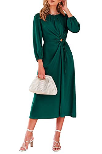 PRETTYGARDEN Women's 2023 Satin Maxi Dress Puff Long Sleeve Crewneck Cutout Casual A-line Long Flowy Dresses (Dark Green,X-Large)