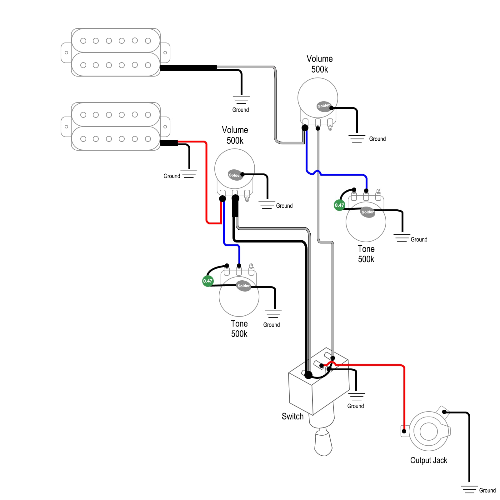 SAPHUE Guitar Wiring Harness Prewired 2V2T 3 Way Toggle Switch Jack 500k Pots for Gibson Replacement Guitar