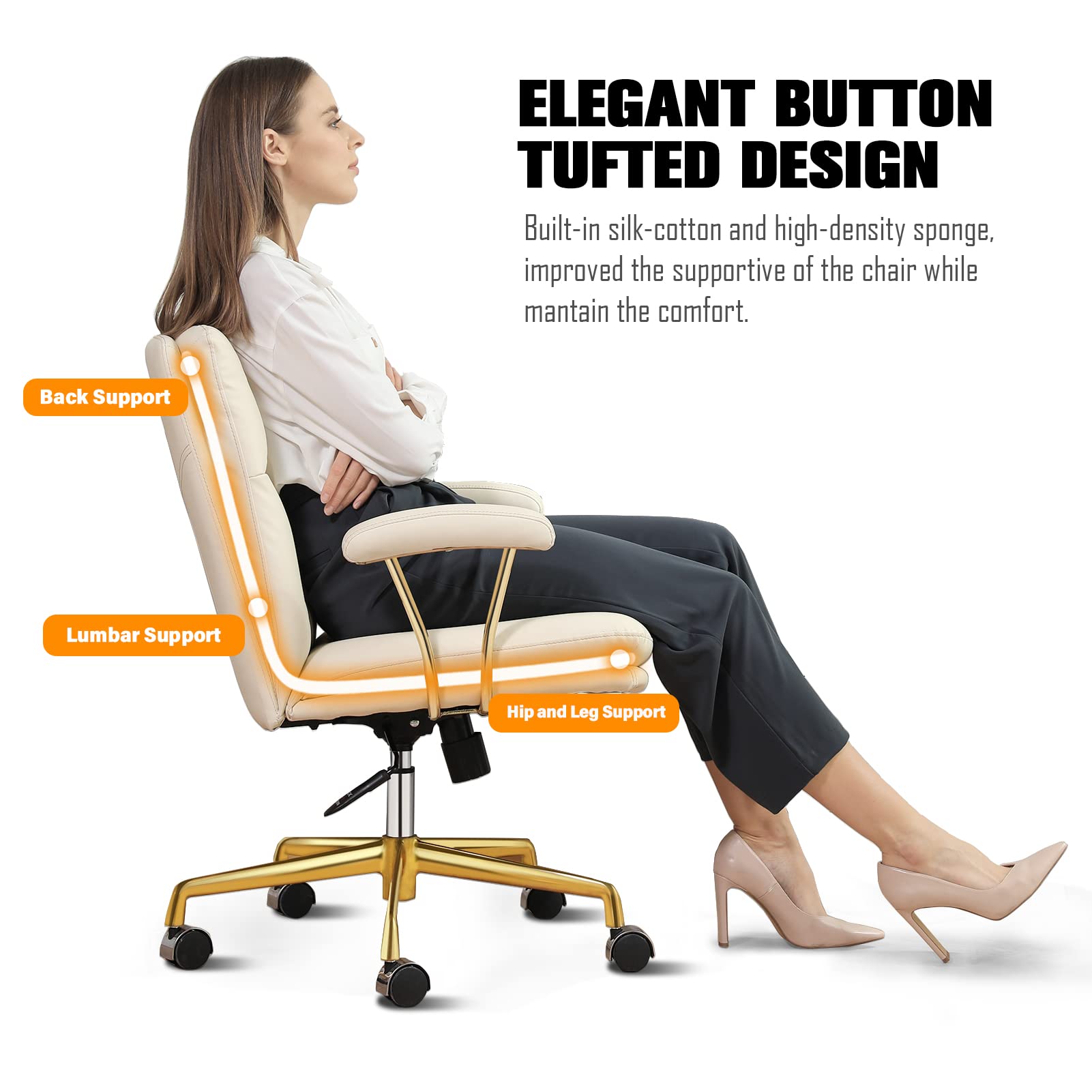 EMIAH Modern PU-Padded Office Desk Chair Ergonomic Computer Desk Chairs with Wheels and Arms Mid-Back Executive Rolling Task Chair with Elegant Button Tufted Design
