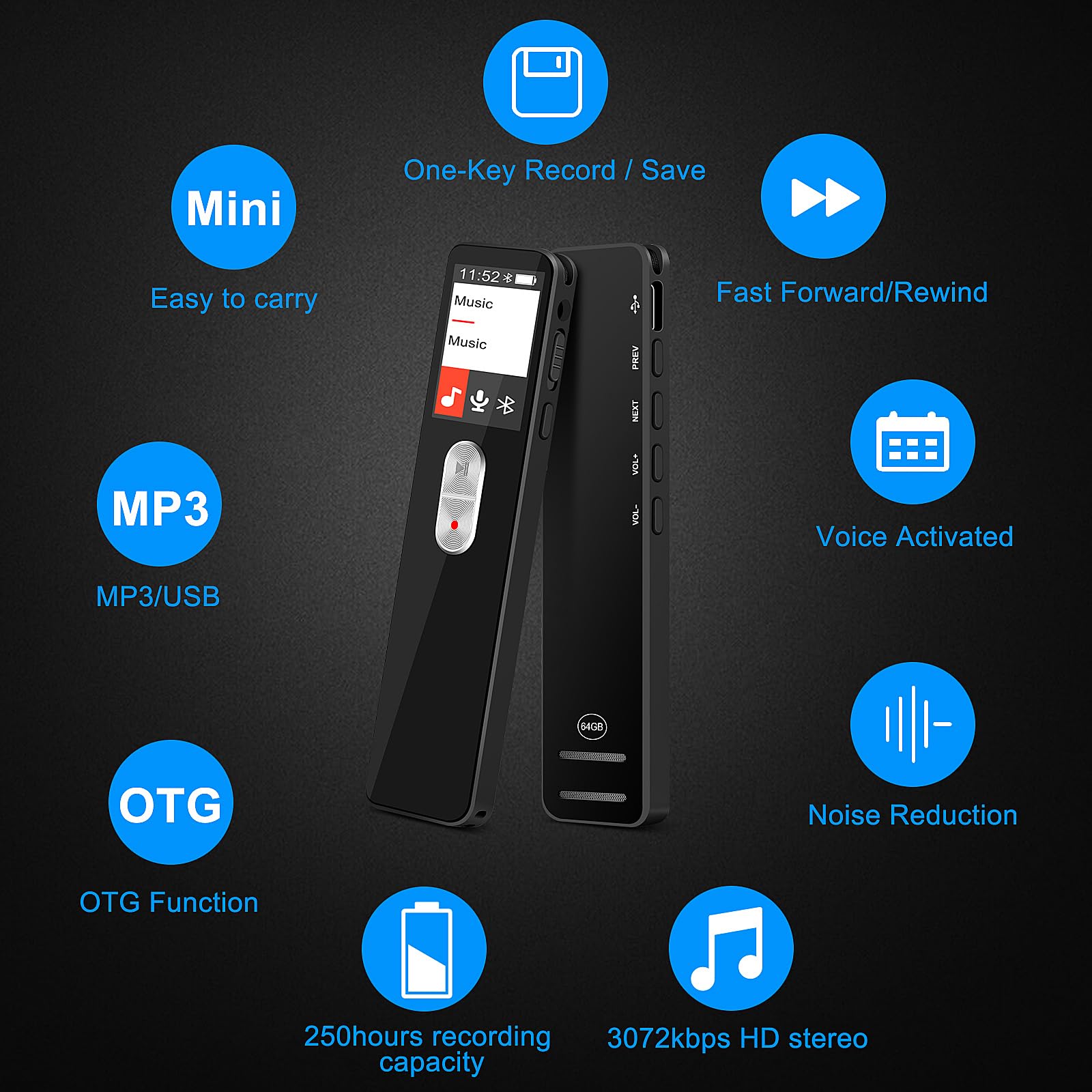 Digital Voice Recorder,64G Activated Recorder with Playback 3072KBPSHD Noise Reduction and Password Protection for Lectures, Meetings, Classes(S7)
