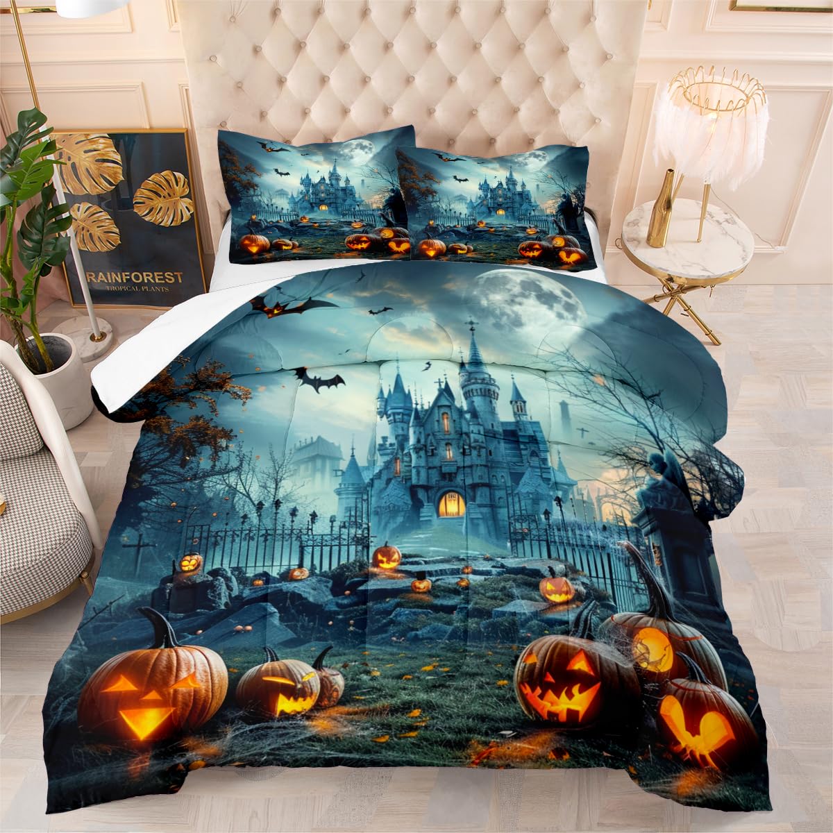 Halloween Pumpkin Bedding Sets Black Bats Full Size Comforter Sets 3D Printed Castle Comforter Kids Boys Girls Happy Halloween Comforter Set 3Pcs Soft Lightweight Down Comforter with 2 Pillowcases