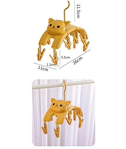JHTPSLR Kawaii Stretching Cat Drying Rack for Socks Bras Panties Towel Underwear 10 Clips Clothes Hanger Cute Small Indoor Hanging Drying Rack for Kids Baby Nursery Room Decor (Yellow)