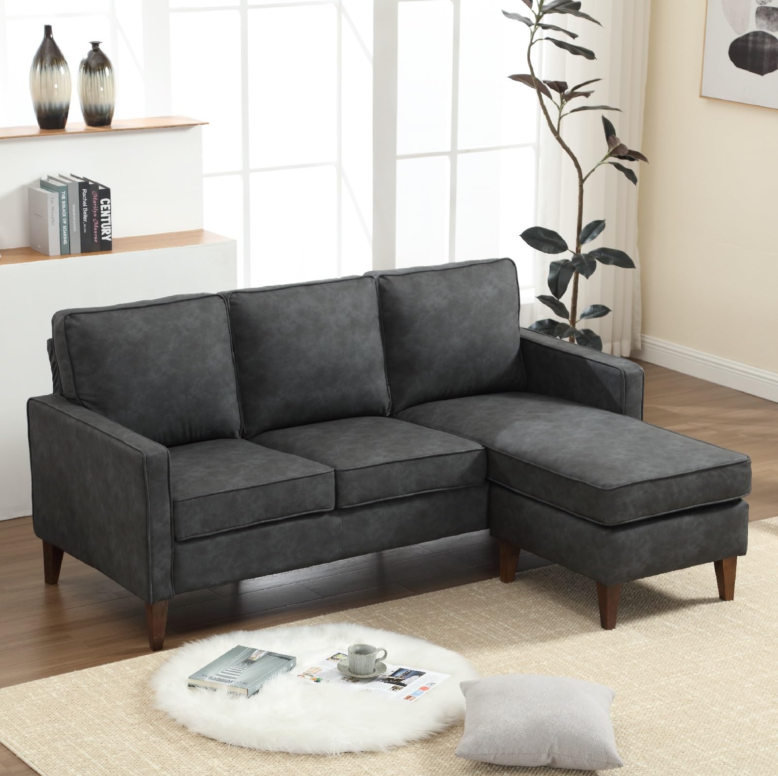 HAOMARKETS Sectional Couches for Living Room, L Shaped Couch with Solid Wood Feet, Faux Leather 3 Seats Sofa with Reversible Chaise for Apartment Small Spaces, Brown