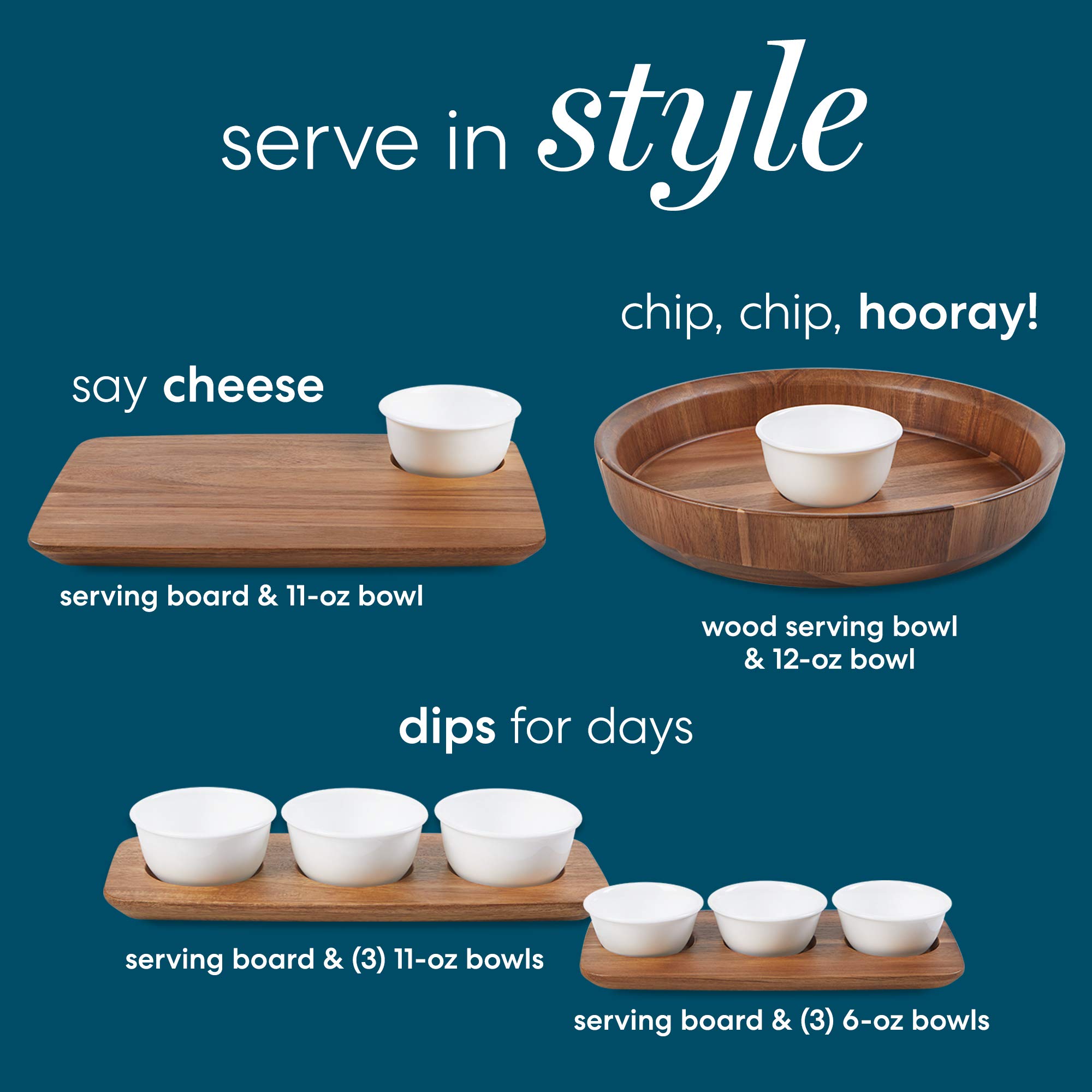 Corelle Vitrelle Coordinates 4-Pc Large Serving Set, Dip Tray with 3 Bowls, Dip Bowls and Long Serving Board Set, Triple Layer Glass Bowls are Dishwasher and Microwave Safe, White