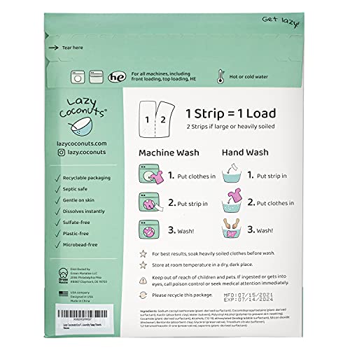 LAZY COCONUTS Laundry Detergent Sheets - Sulfate-free, Gentle - For Sensitive Skin, Baby, Hand Wash - Eco Friendly, Natural, Hypoallergenic, Sulfate Free, Fragrance Free, Unscented Laundry Soap