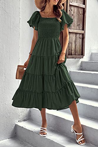 PRETTYGARDEN Women's Casual Summer Midi Dress Puffy Short Sleeve Square Neck Smocked Tiered Ruffle Dresses (Army Green,Medium)