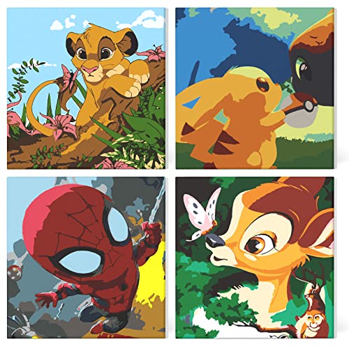 NAIMOER Framed Paint by Numbers for Kids, 4Pack Paint by Numbers Framed Canvas for Kids Ages 8-12, Spiderman Paint by Number Kits, Acrylic Cartoon Oil Painting with Wooden Easel & Velcro (8x8inch)