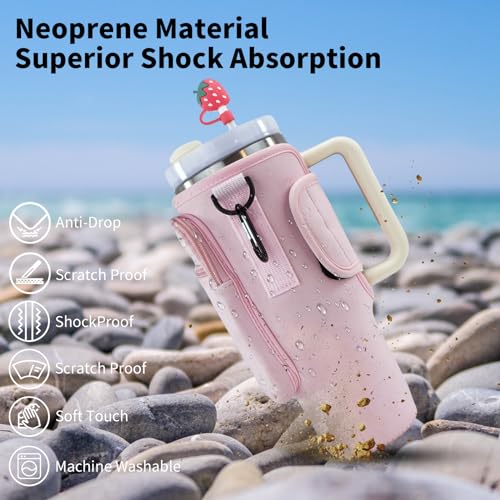 GUTAROR Water Bottle Carrier Bag Compatible with Stanley 30 40oz Tumbler with Handle, Water Bottle Holder with Adjustable Shoulder Strap 2 Straw Covers for Hiking Travelling Camping (Rose Quartz)