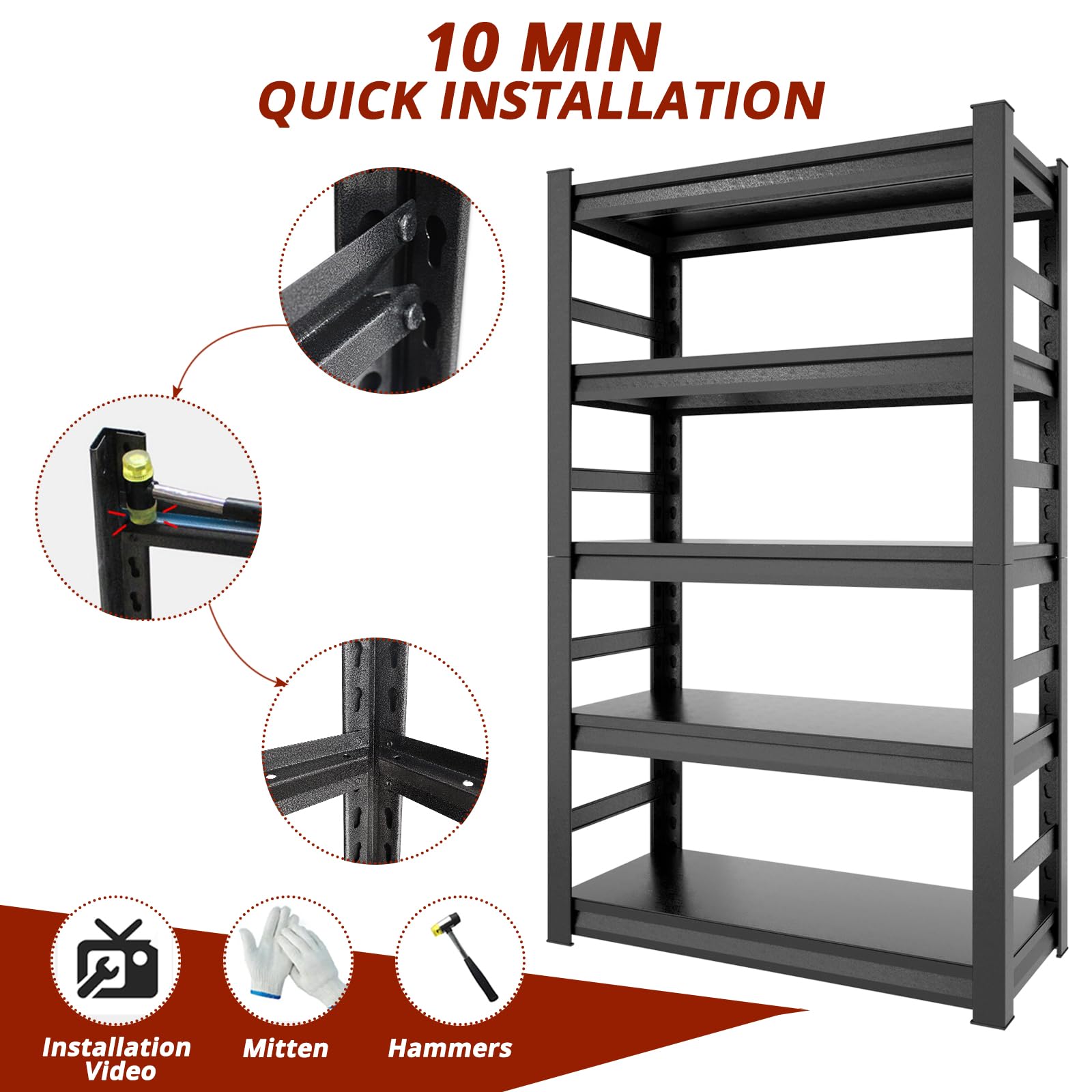 Hymnxemo 78" H Metal Garage Storage Shelves 2500lbs Heavy Duty Garage Shelving Unit Adjustable Industrial Utility Rack Organizer for Garage Basement Warehouse, 78" H x 47.3" W x 18" D,Black