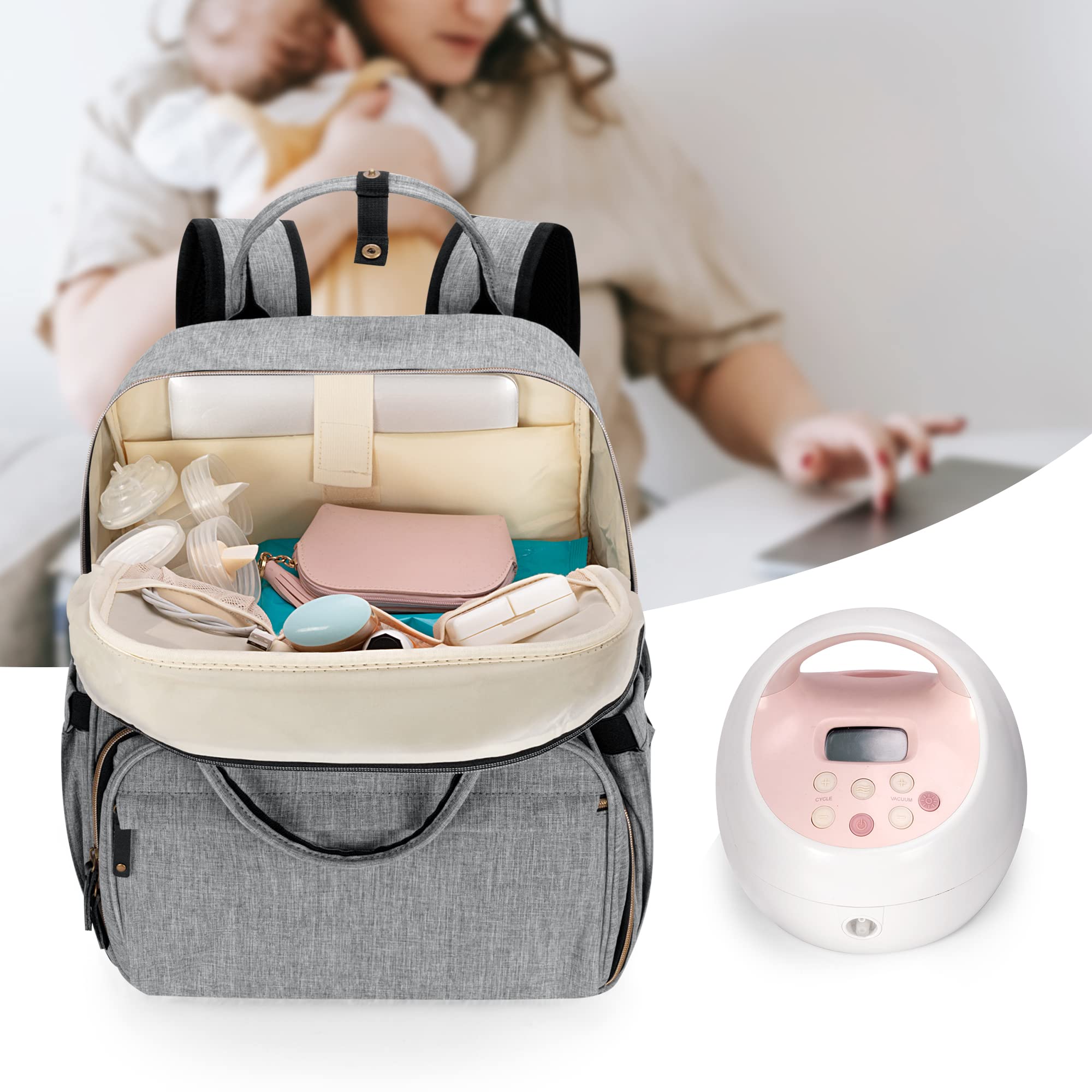Fasrom Breast Pump Bag Backpack for Working Moms, Pumping Carrying Bag with Laptop Sleeve, Gray (Empty Bag Only)