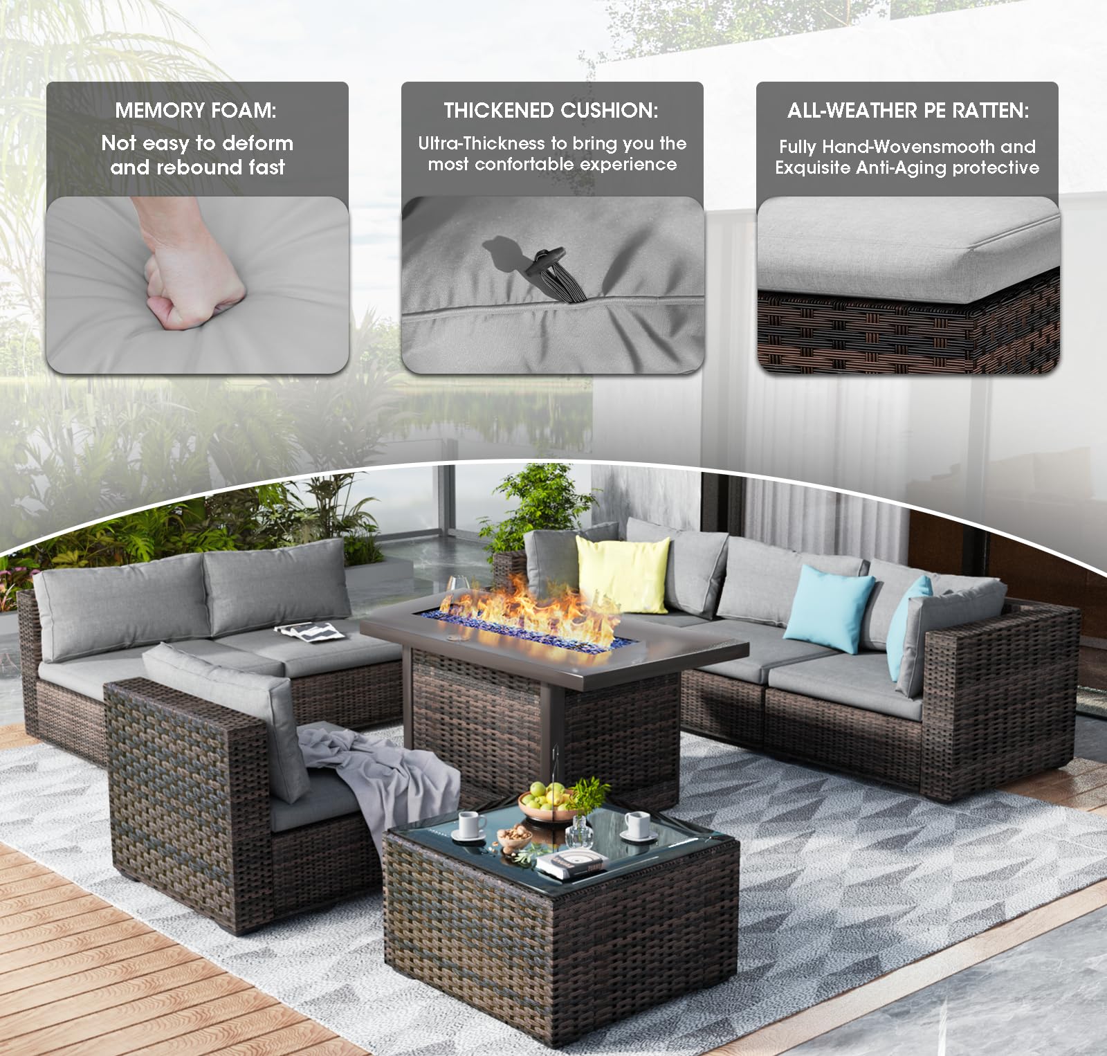 GREZJXC 4 Pieces Outdoor Sectional Patio Furniture Set with Fire Pit Table,PE Rattan Wicker Patio Sectional Conversation Set with Cushions and Glass Coffee Table Grey