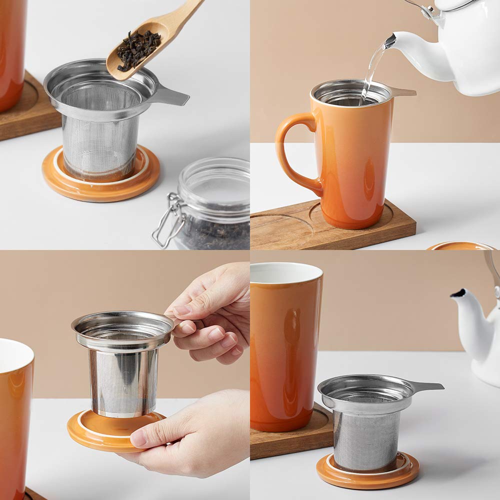 DOWAN Tea Cups with Infuser and Lid, 17 Ounces Large Tea infuser Mug, Tea Strainer Cup with Tea Bag Holder for Loose Tea, Ceramic Tea Steeping Mug, Orange Color Changing
